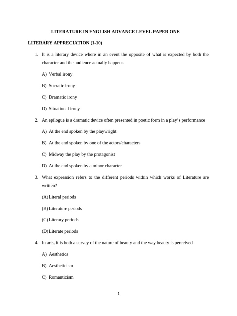 SCBHS Literature in English Advance Level Paper 1, 2024 | PDF | Irony