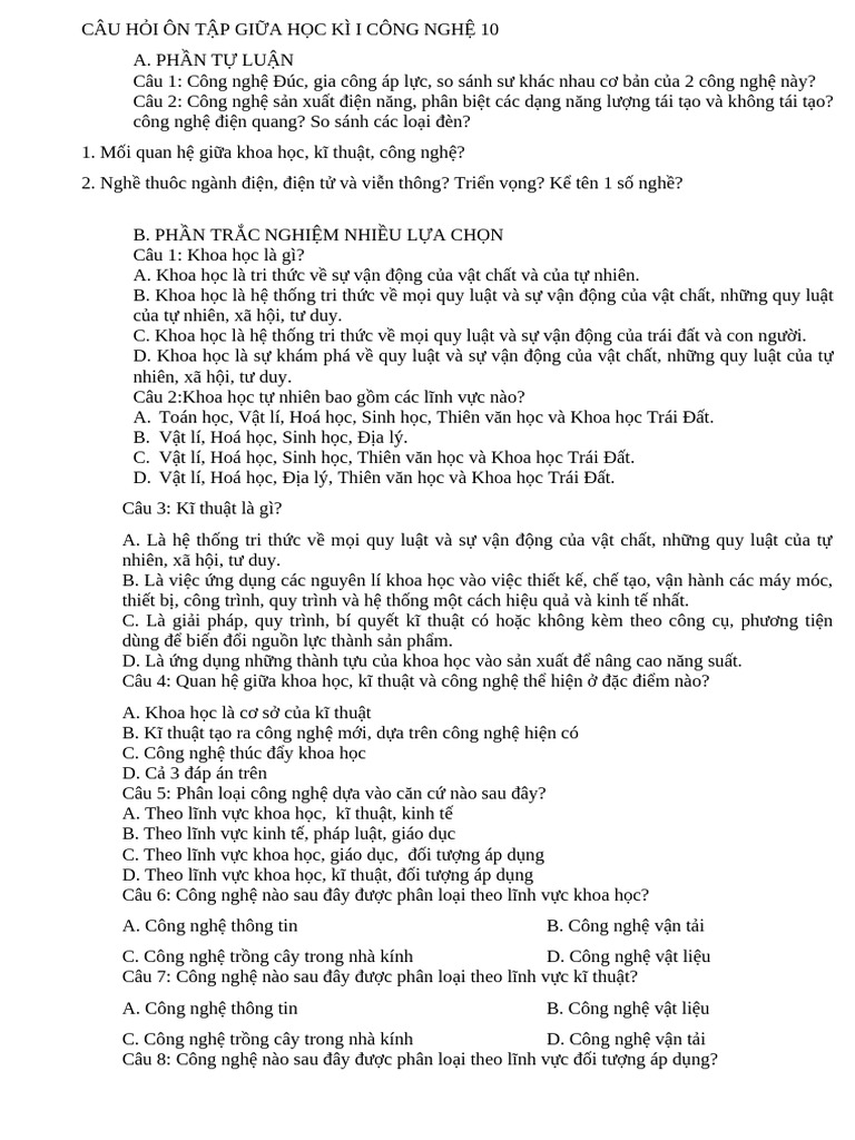 CÂU HỎI ÔN TẬP GIỮA HỌC KÌ I CÔNG NGHỆ 10 24 25 Gui Hs Dung Nhat | PDF