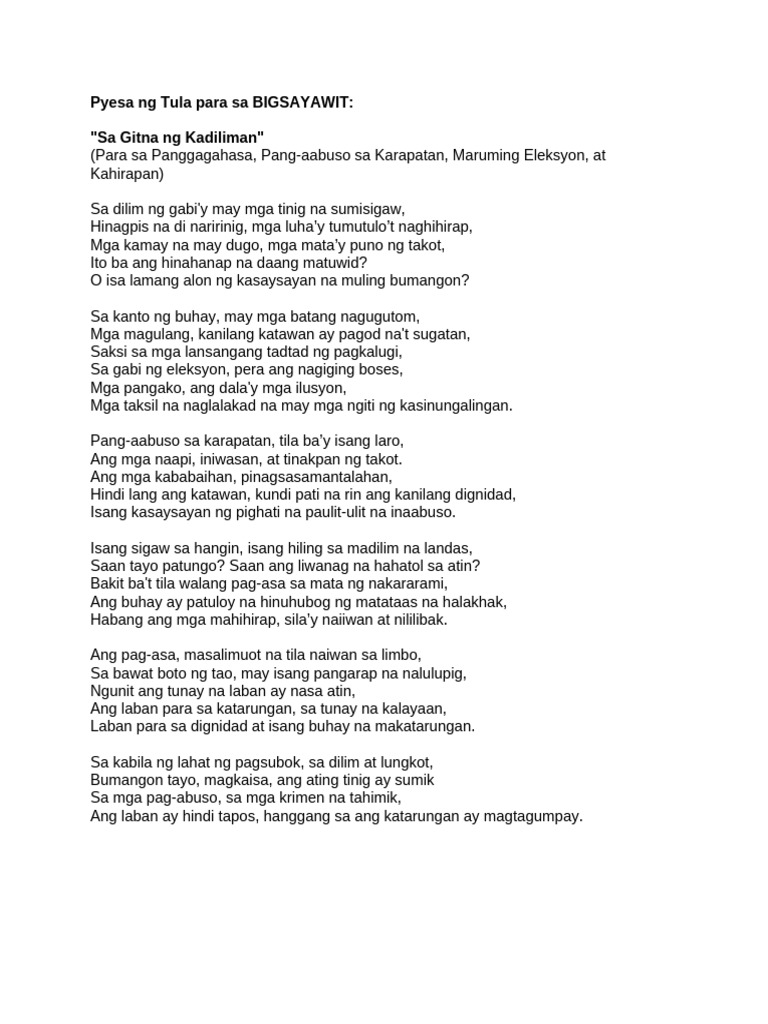 Pyesa NG Tula para Sa BIGSAYAWIT | PDF