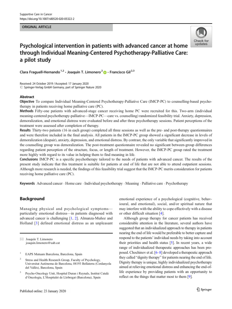 Psychological Intervention in Patients With Advanced Cancer at Home ...