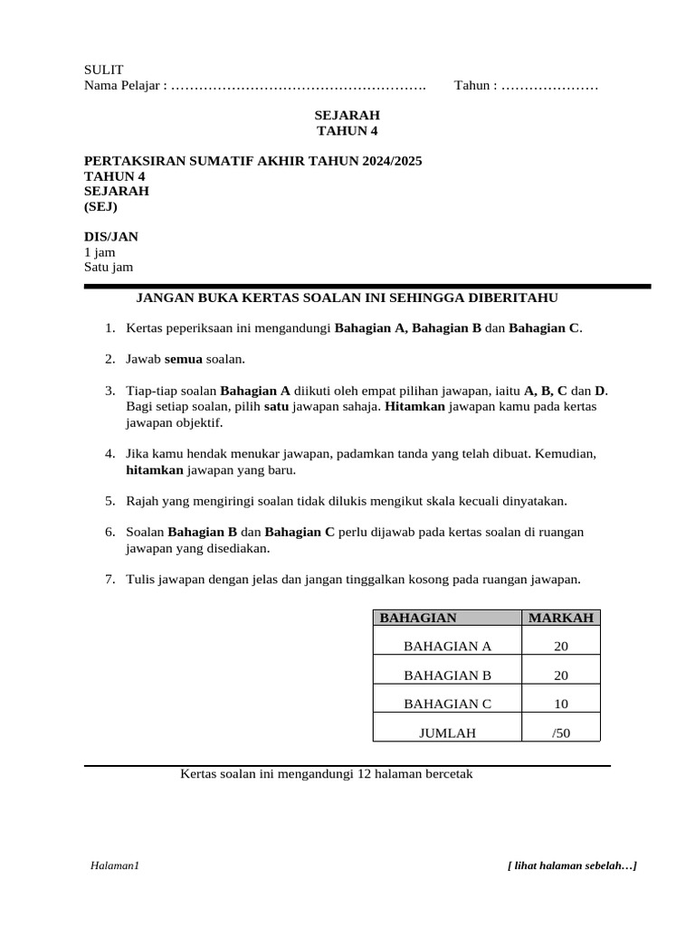 Uasa Sejarah THN 4 Set 1 | PDF