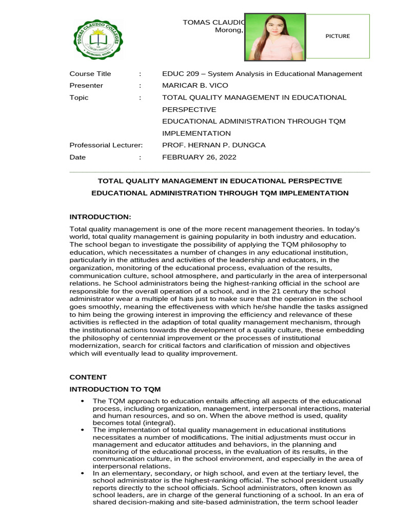 VICO-MARICAR-EDUC 209-Written-Report-FOR COMPENDIUM | PDF | Leadership | Quality Management