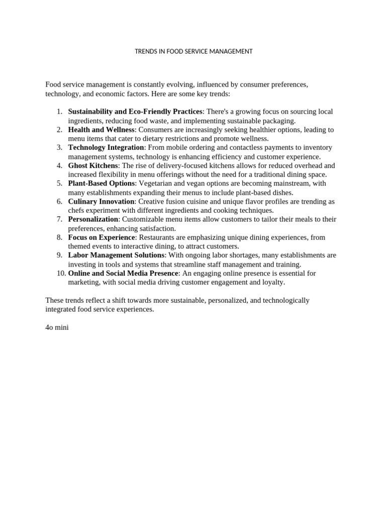 Trends in Food Service Management | PDF