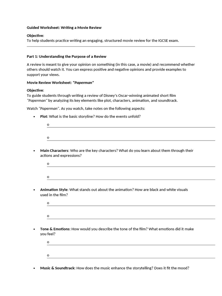 G10 Review Writing Worksheet | PDF | Animation | Emotions