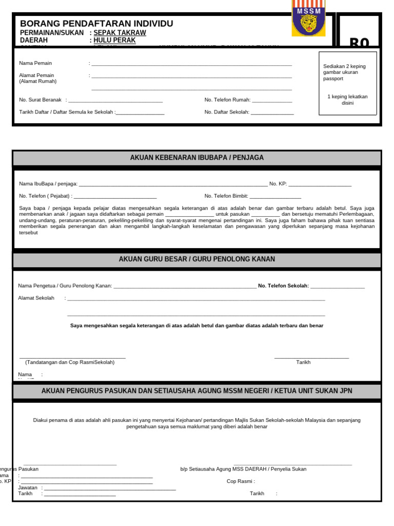 BORANG MSSM-R01 Daerah | PDF