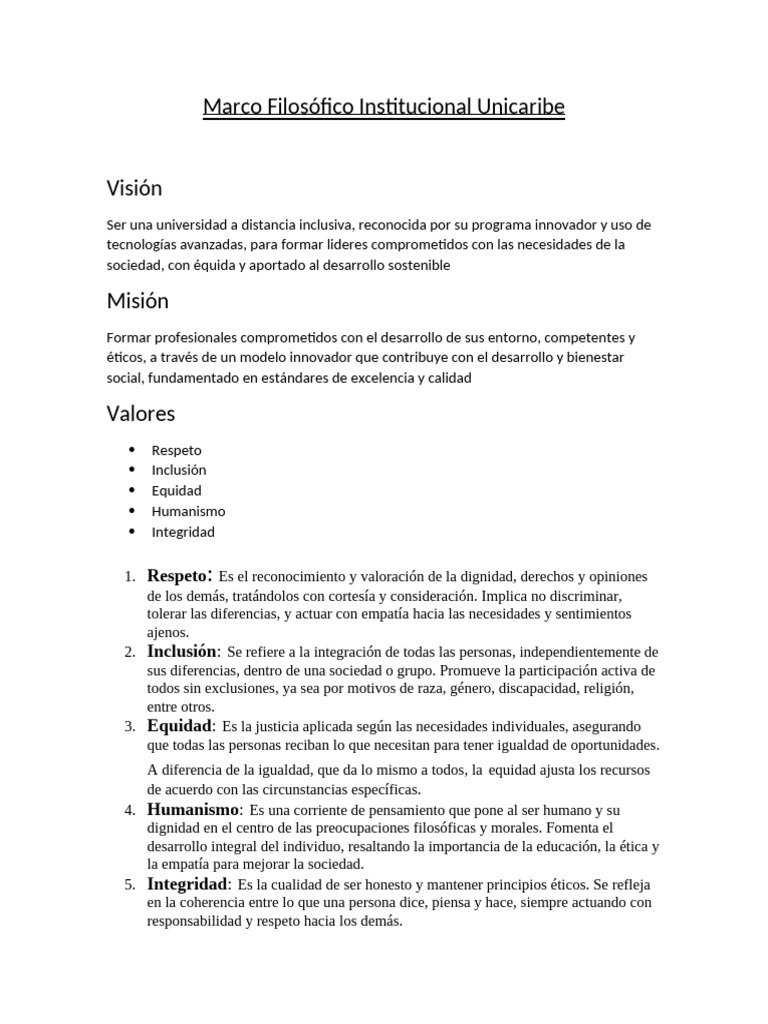 Marco Filosófico Institucional Unicaribe | PDF