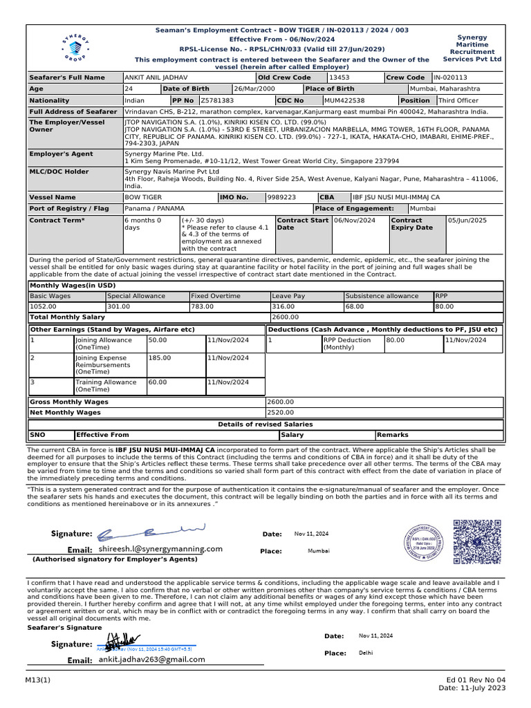 Seaman's Employment Contract Encrypted | PDF | Body Mass Index | Sailor