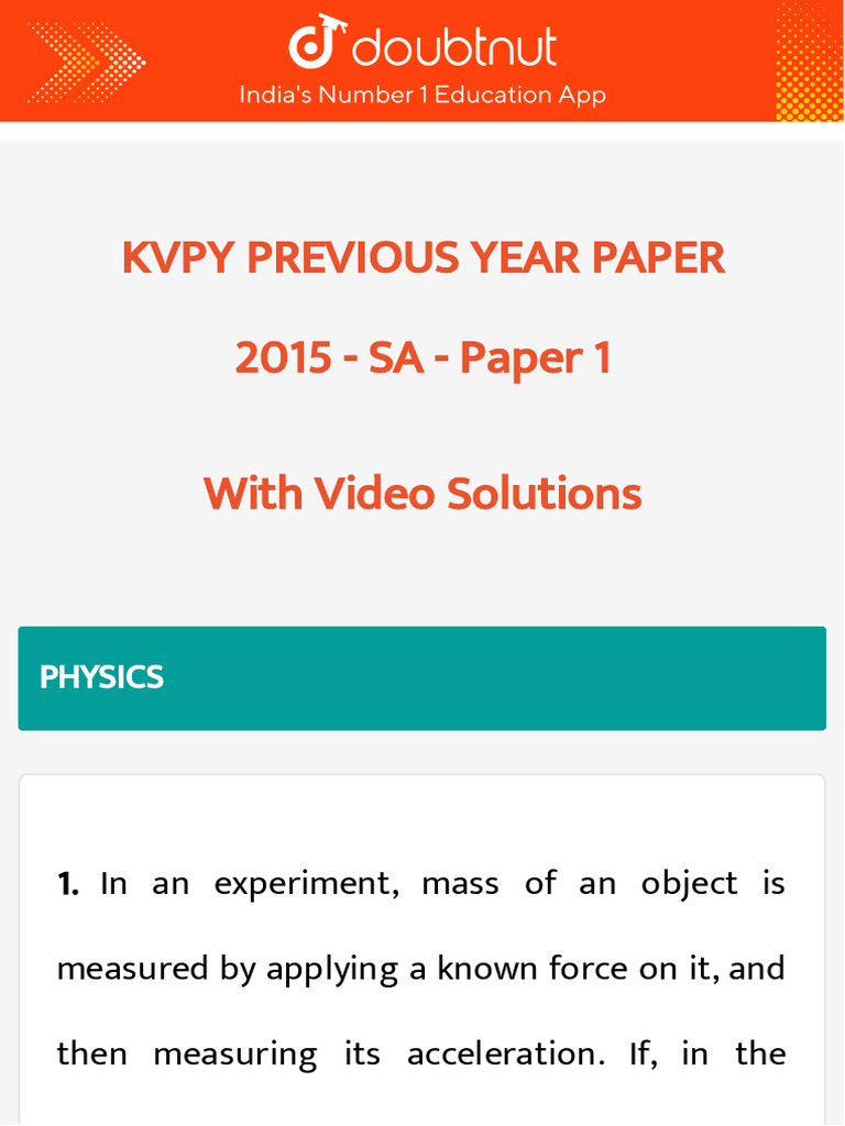 Kvpy Previous Year Paper 2015 Sa Paper 1 Doubtnut English Medium | PDF ...