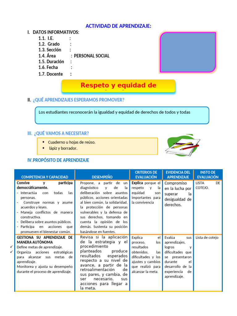 D3 A3 SESION PS. Respeto y Equidad de Derechos | PDF | Evaluación ...