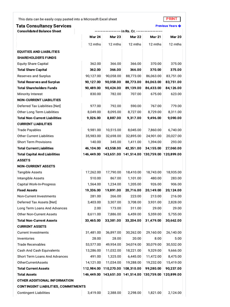 TCS Balance Sheet Overview | PDF | Equity (Finance) | Balance Sheet
