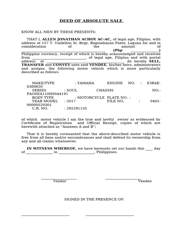 Deed of Absolute Sale for Motorcycle | PDF
