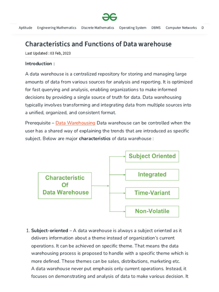 Characteristics and Functions of Data Warehouse - GeeksforGeeks | PDF | Data Warehouse | Databases