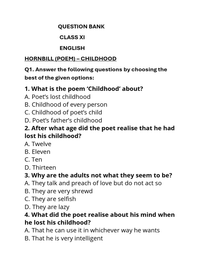 Class 11 Childhood Poem Q&A Guide | PDF