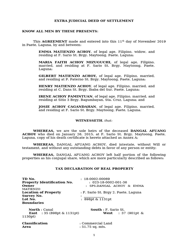 Extra Judicial Deed of Settlement | PDF | Private Law | Legal Documents