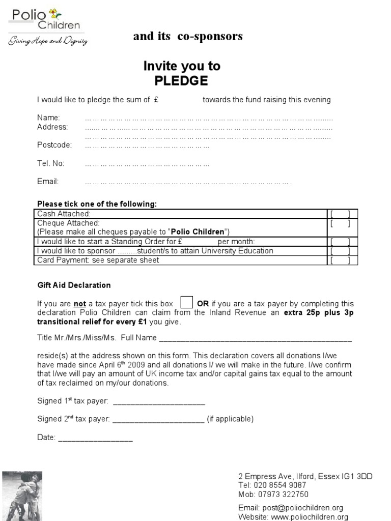 Pledge Form for Polio Children Fundraiser | PDF | Finance & Money ...