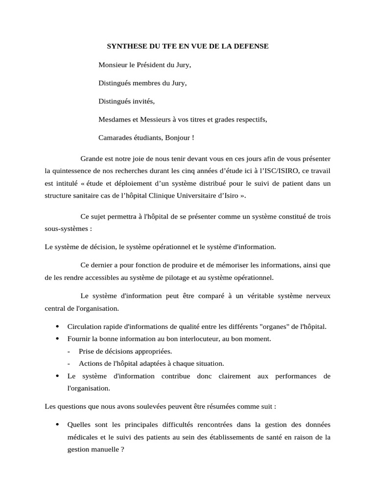 Synthese Du Tfe en Vue de La Defense | PDF | Informations | Hôpital