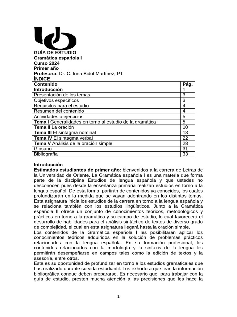 GUÍA DE ESTUDIO GRamática Espanola I 2024 | PDF | Verbo | Oración ...