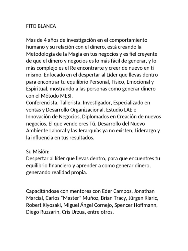 CV Fito Blanca | PDF | Crecimiento personal y profesional | Relaciones personales, crianza y ...