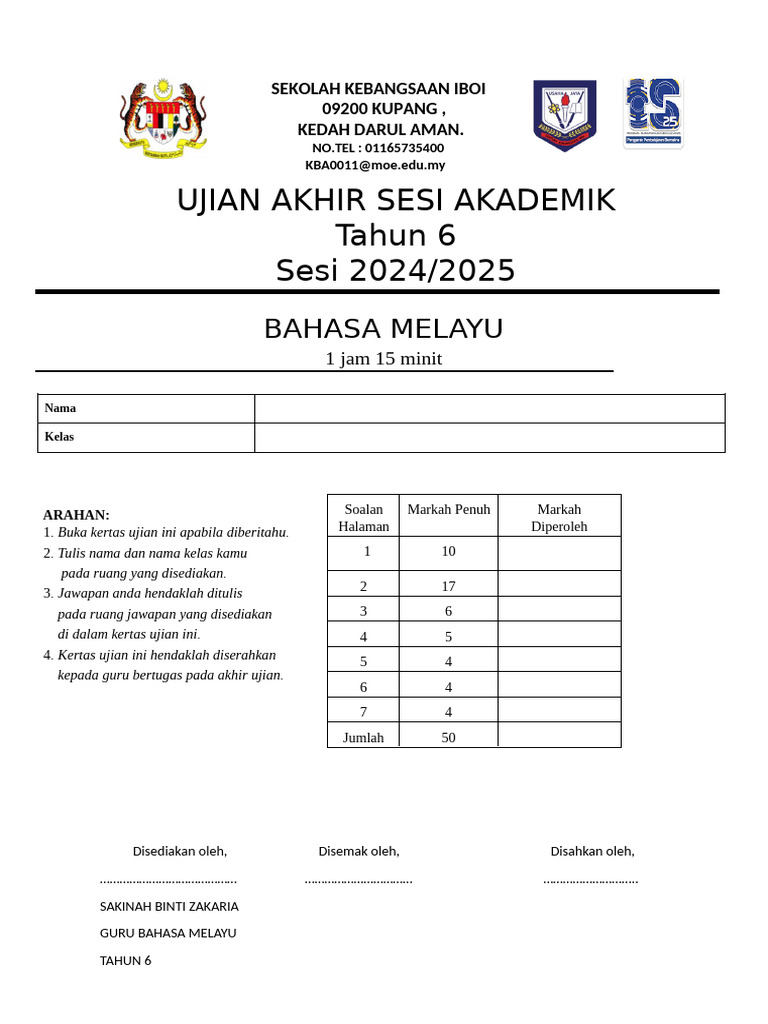 Contoh Muka Depan Kertas Peperiksaan Uasa | PDF
