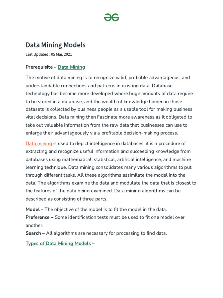 Data Mining Models - GeeksforGeeks | PDF | Data Mining | Regression Analysis