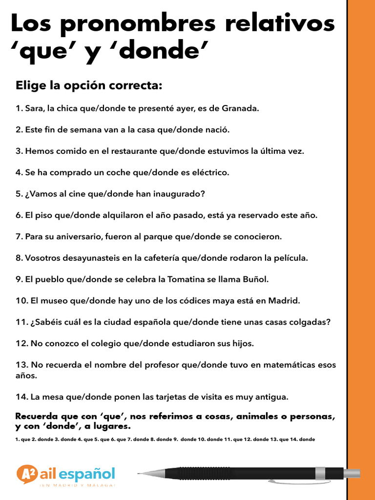 Quiz Ejercicio Pronombres Relativos Que Donde | PDF