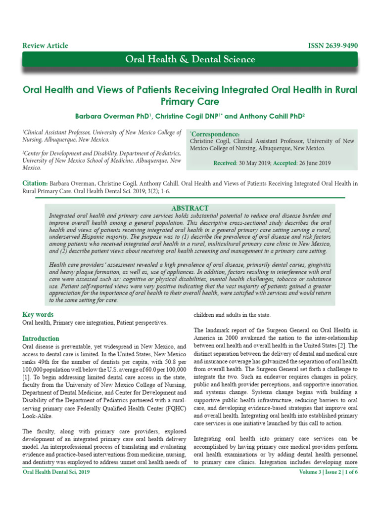 Oral Health and Views of Patients Receiving Integrated Oral Health in ...