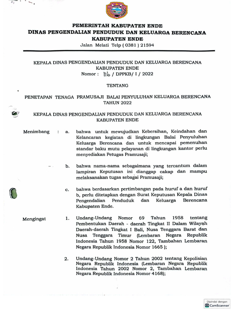 SK Kadis PPKB TTG Penetapan Tenaga Pramusaji Tahun 2022 | PDF