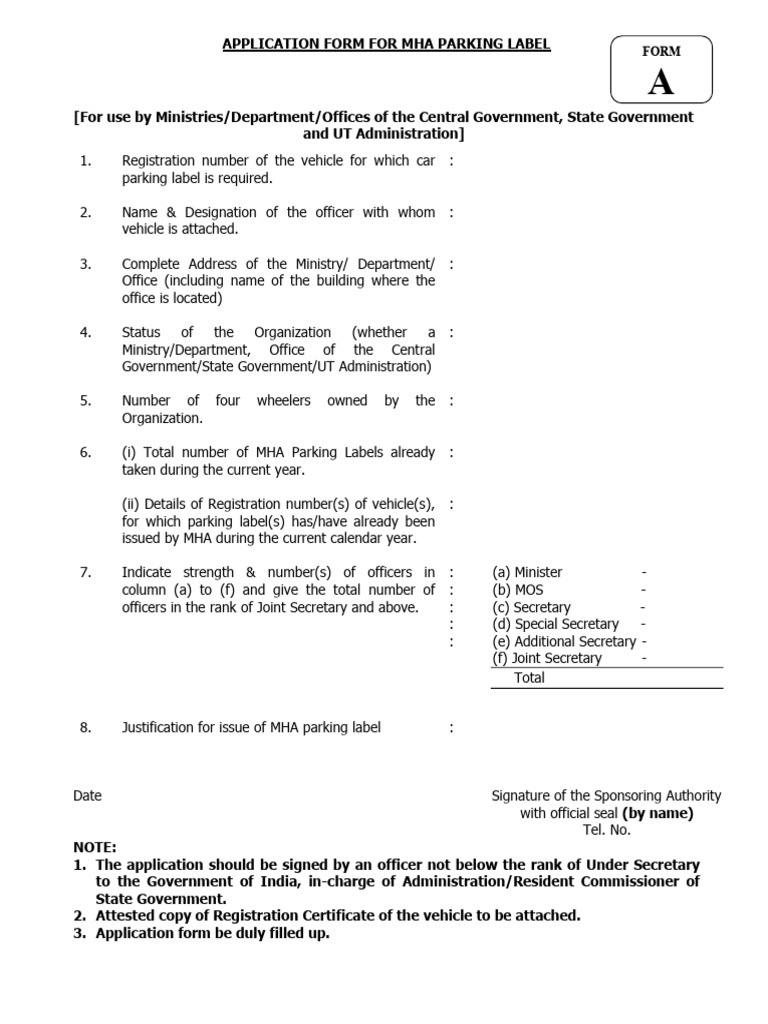 MHA Parking Label Application Form | PDF | Identity Document | Government