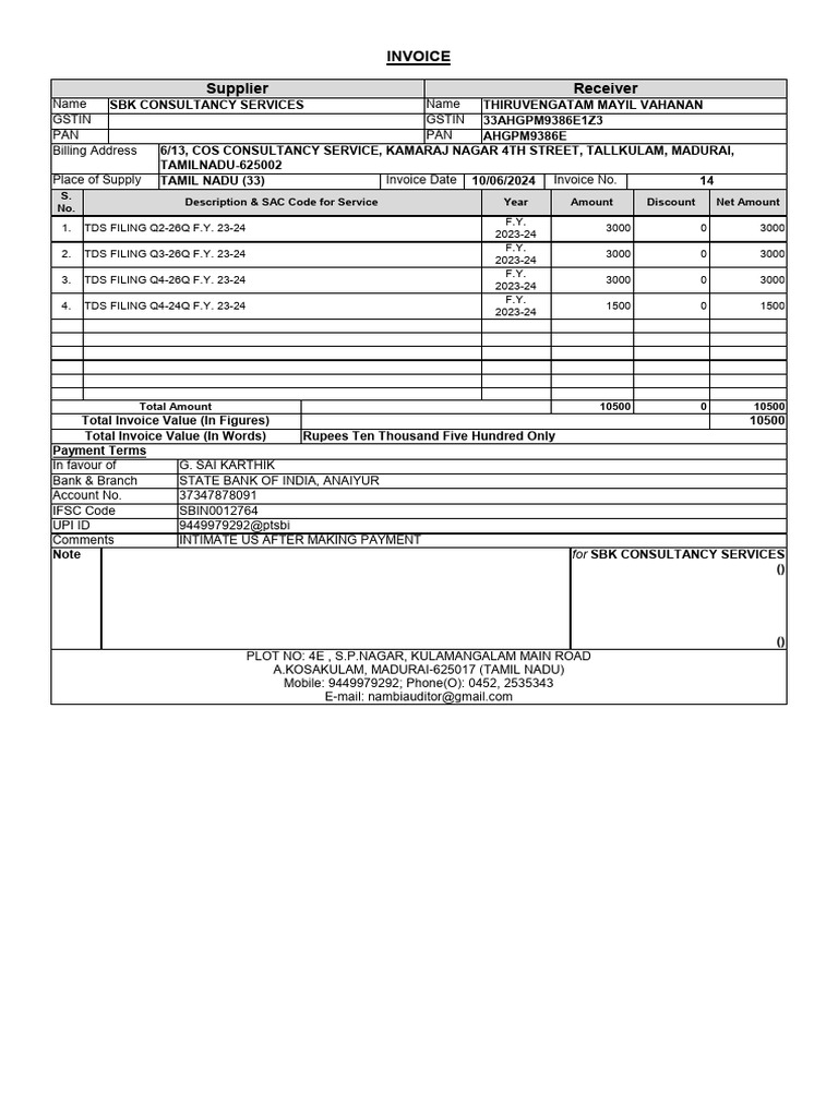 COS TDS FILING INVOICE | PDF | Payments