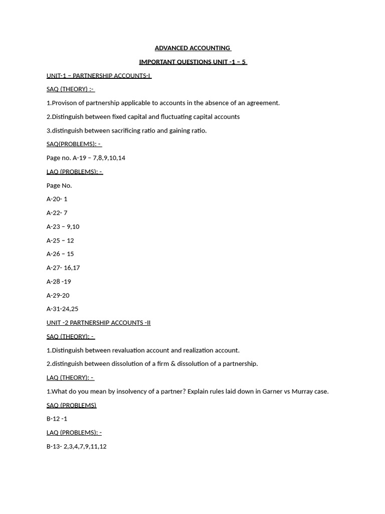 Advanced Accounting Important Questions | PDF | Valuation (Finance ...