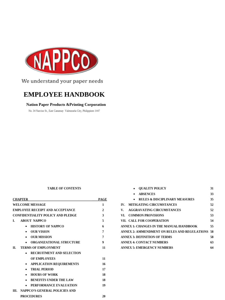 Nappco Employee Handbook and Rules and Regulation | PDF | Employment ...