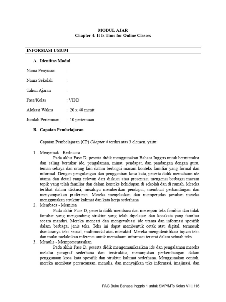 7.4 Modul Ajar Chapter 4 (FIX) Bahasa Inggris | PDF