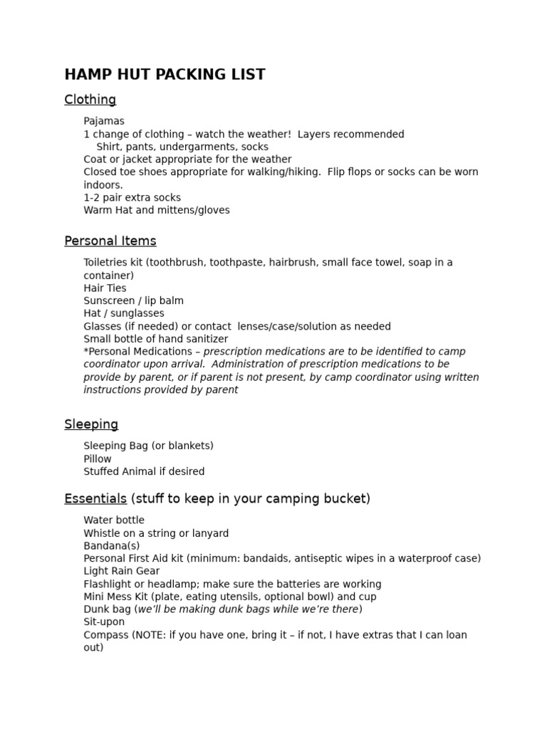 Hamp Hut Packing List - 2024 - 03 - 26 - 10 - 22 - 56 | PDF | Wellness