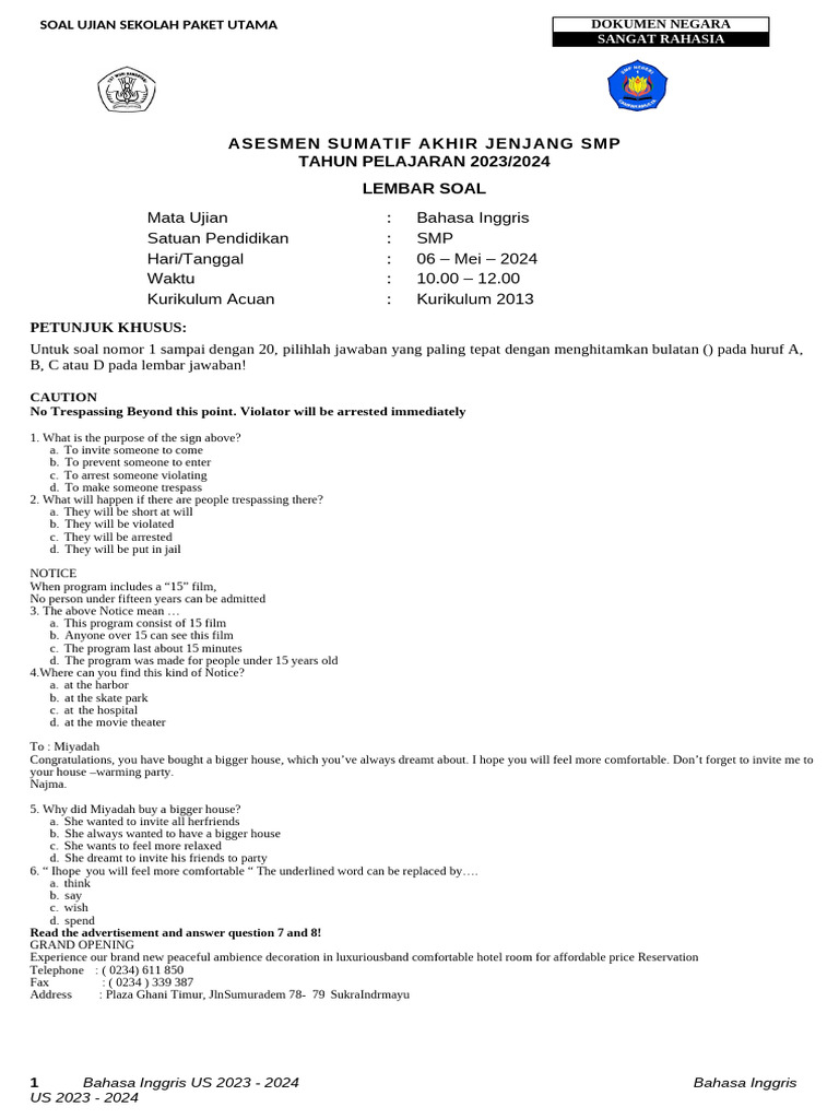 SOALL US KELAS 9 B.Inggris | PDF | Laptop | Hdmi