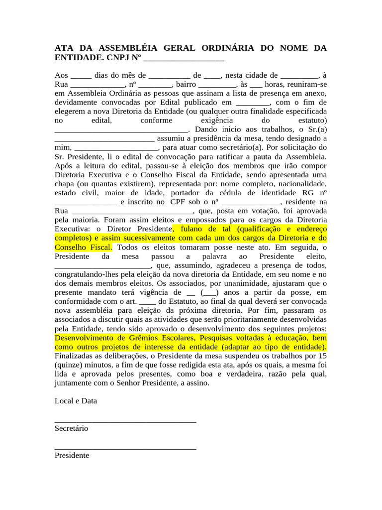 Modelo - ATA-DE-ASSEMBLÉIA - CAEF | PDF | Eleições | Governo