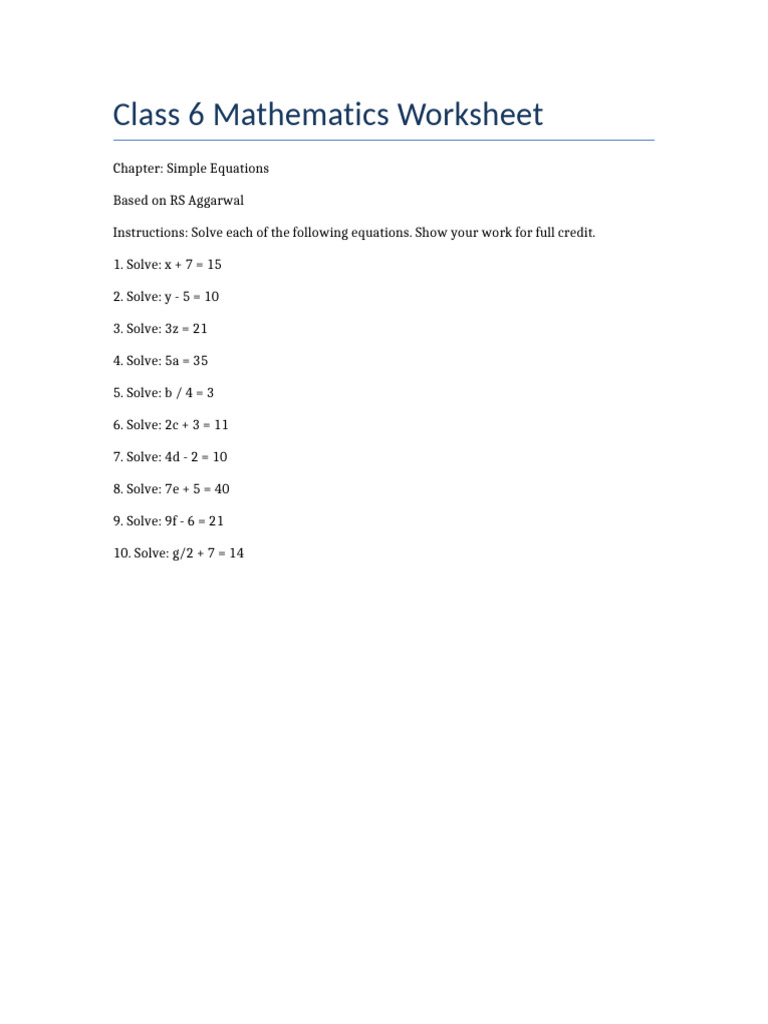 Class 6 Simple Equations Worksheet | PDF | Teaching Methods & Materials