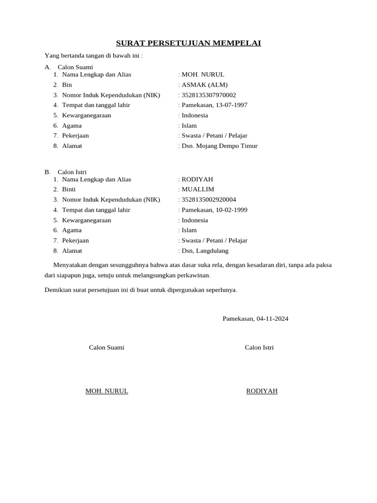 Surat Persetujuan Mempelai | PDF