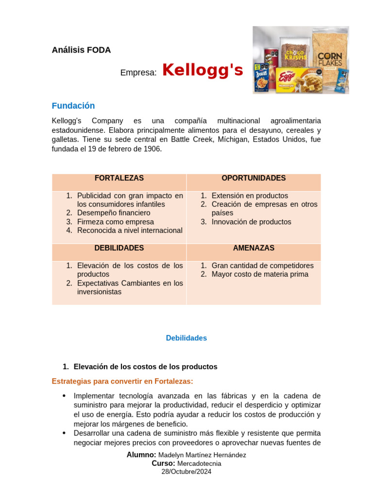 Análisis FODA de Kellogg's 2024 | PDF | Marketing | Mercado (economía)