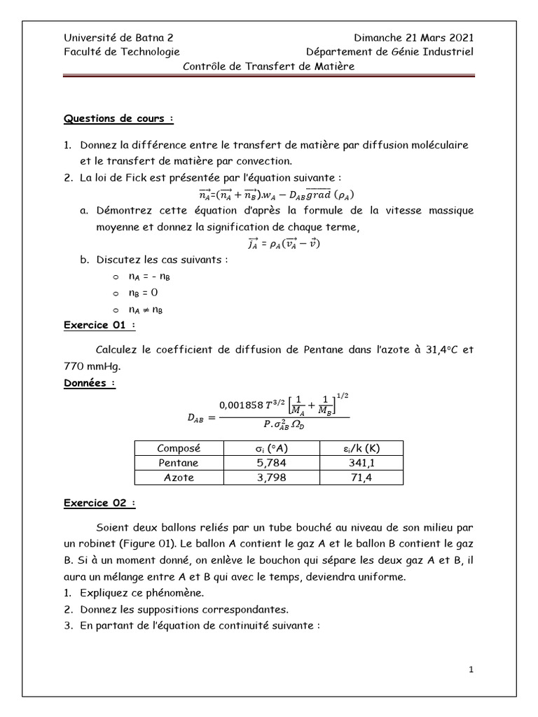 Contrôle du Transfert de Matière L3 | PDF | La diffusion | Chimie physique