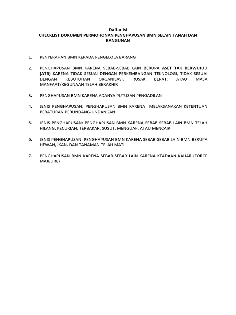 Checklist Dokumen Permohonan Pengelolaan PENGHAPUSAN ALSINTOR BMN | PDF