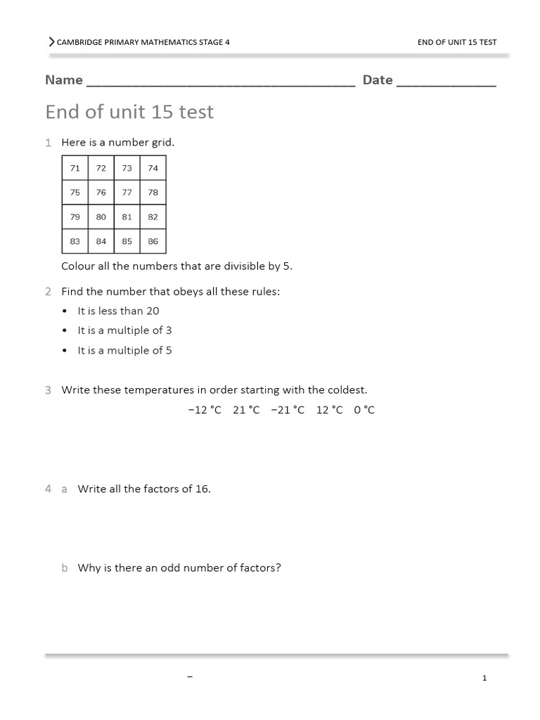 Prim Maths 4 2ed TR Unit 15 Test | PDF