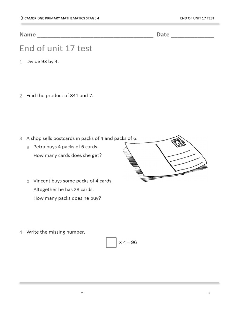 Prim Maths 4 2ed TR Unit 17 Test | PDF