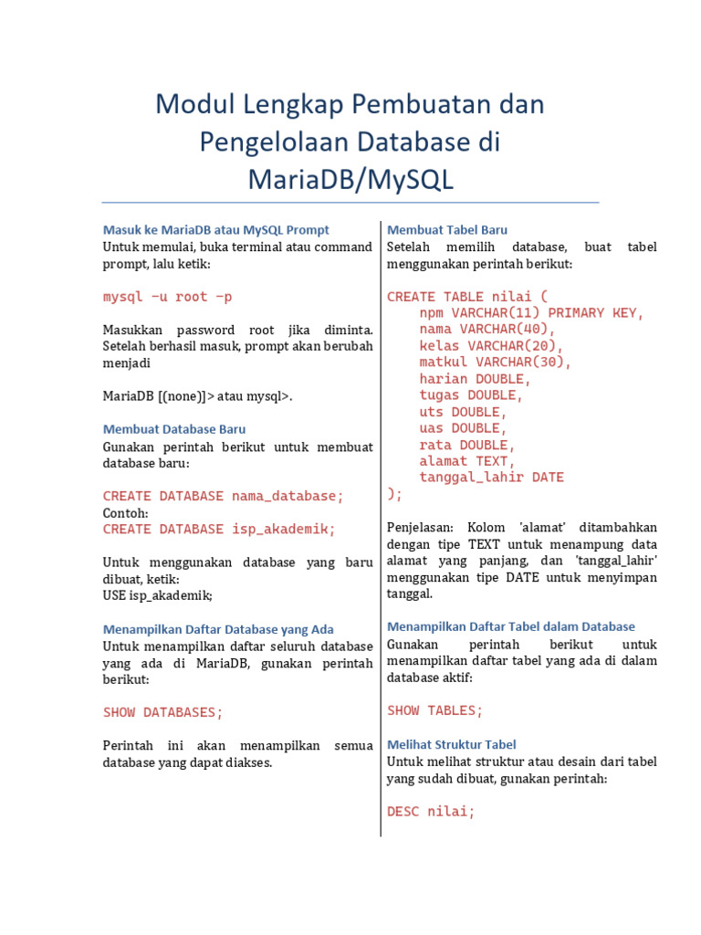 Modul Lengkap Database MariaDB Berbasis Command Prompt | PDF