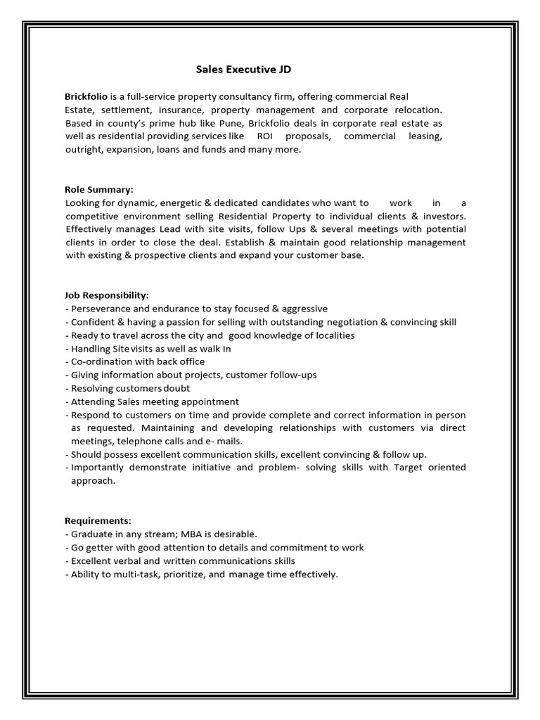 Sales Executive Job Description for Real Estate | PDF