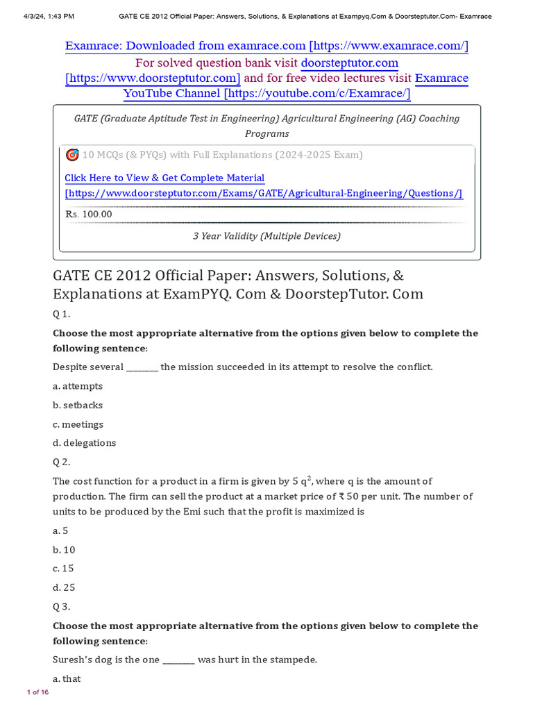 GATE CE 2012 Official Paper | PDF | Soil Mechanics | Civil Engineering