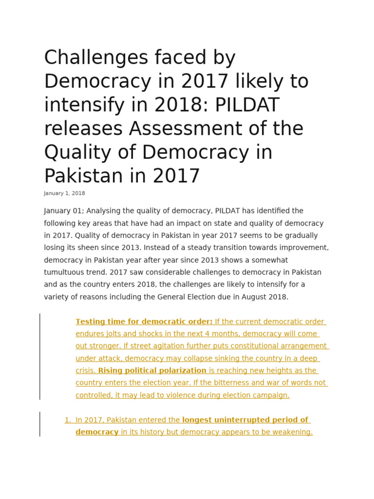Challenges Faced by Democracy in 2017 Likely To Intensify in 2018 | PDF ...