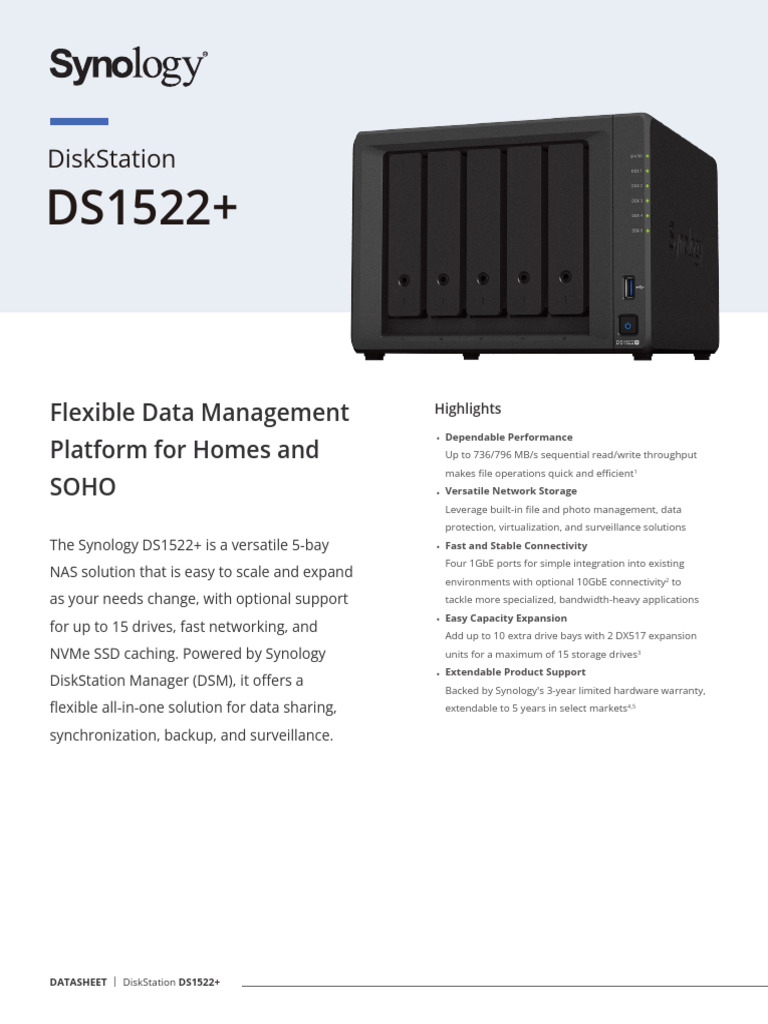 Synology DS1522+ Datasheet Overview | PDF | File Transfer Protocol | Backup