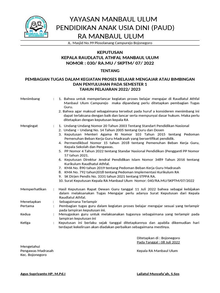 SK PTM Dan JADWAL KEGIATAN PEMBELAJARAN 2022-2023 | PDF