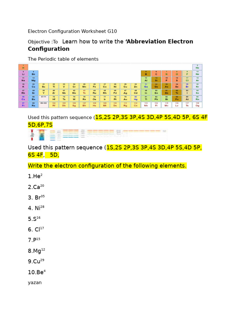 Electron Configuration Worksheet G10 Sept 13 | PDF | Teaching Methods ...