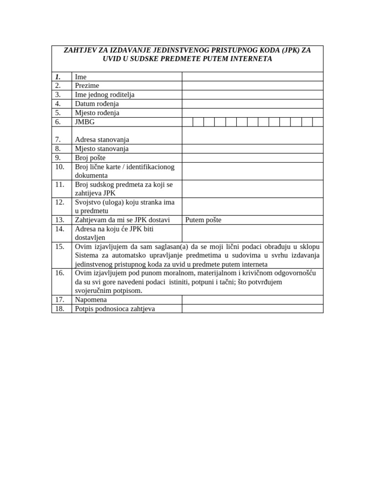Zahtjev Za Izdavanje JPK | PDF